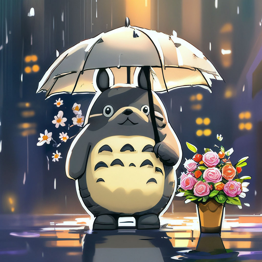 "Totoro with a bouquet of flowers, in the rain, flowers in one paw ...