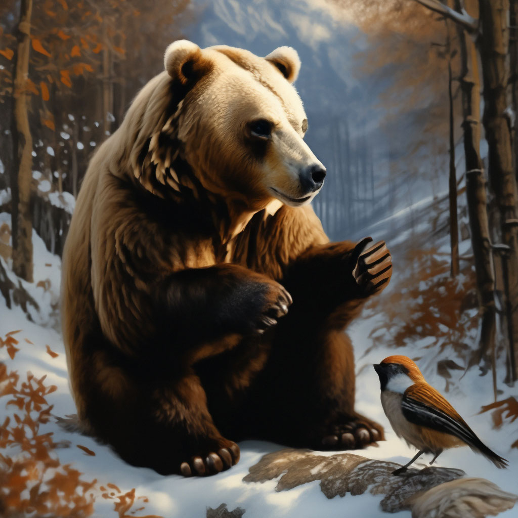 "The bear is talking to a sparrow, which he holds in the palm of his ...