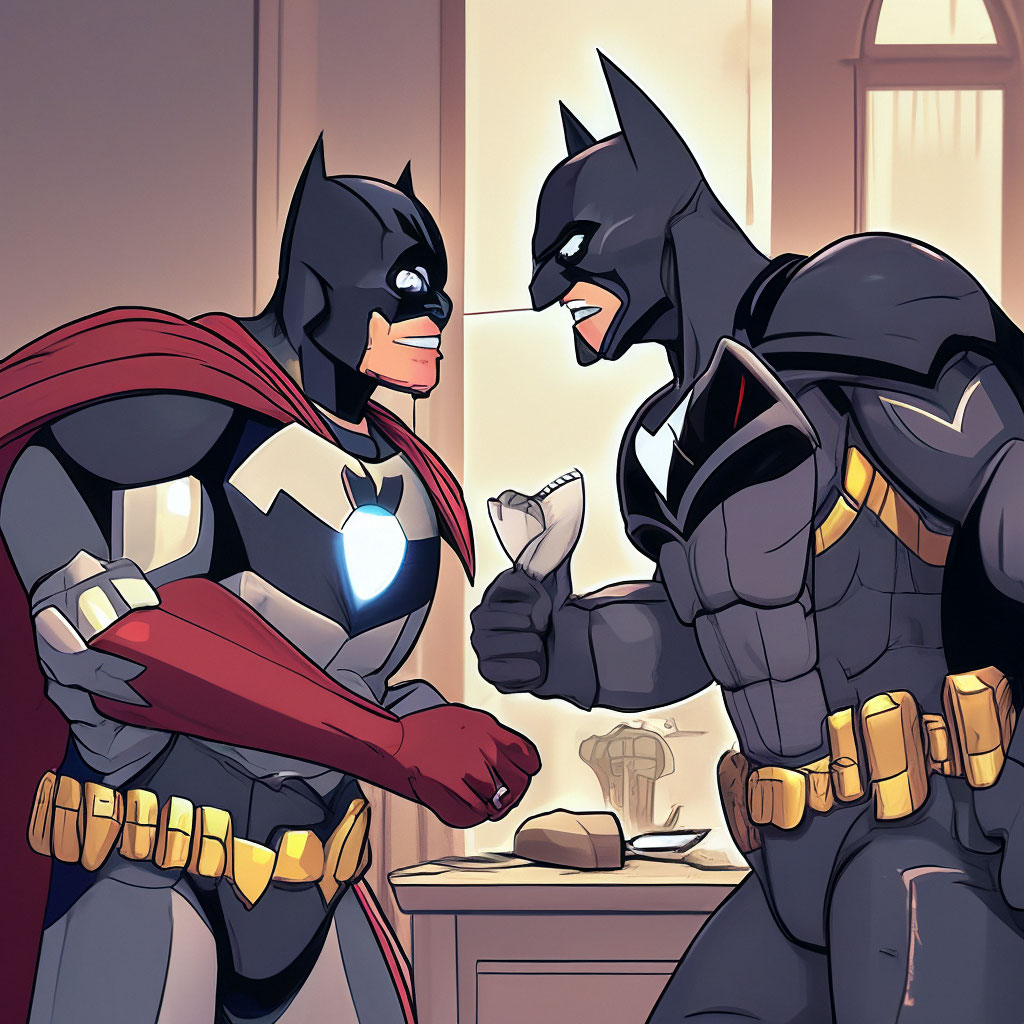 "Batman farts at Iron Man" — image created in Shedevrum