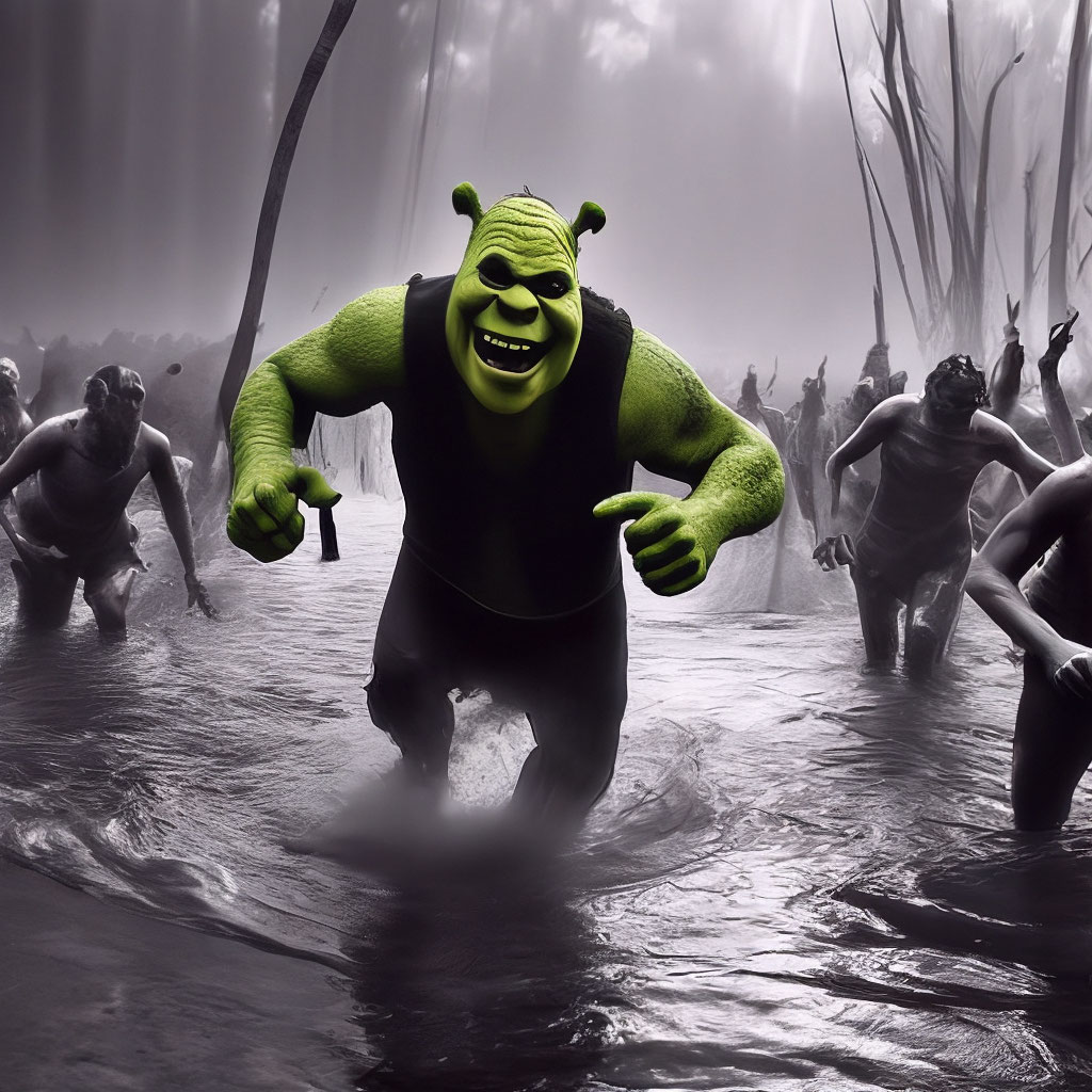 "Shrek zombie, chasing, in the swamp, angry, teeth sticking out ...