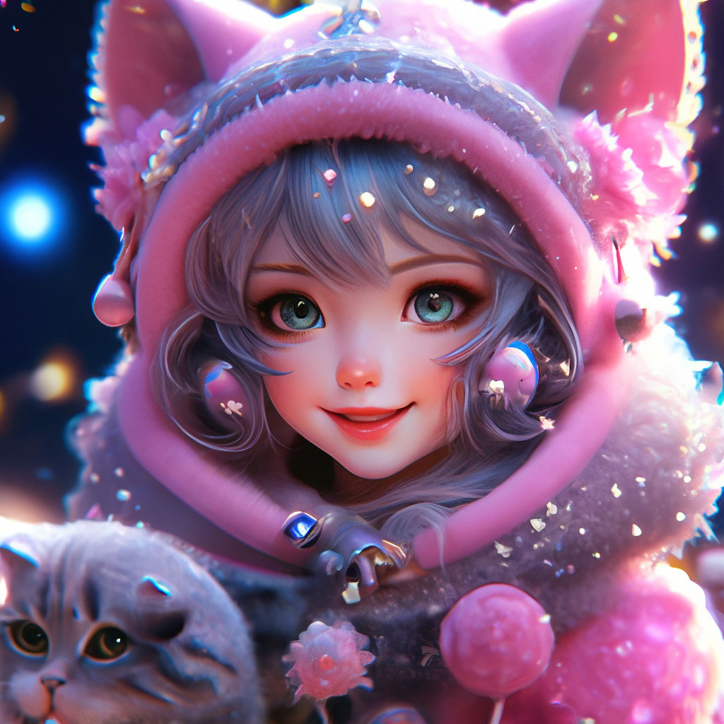 "Surrealism, cute New Year anime cat girl, smile, consists of fractals ...