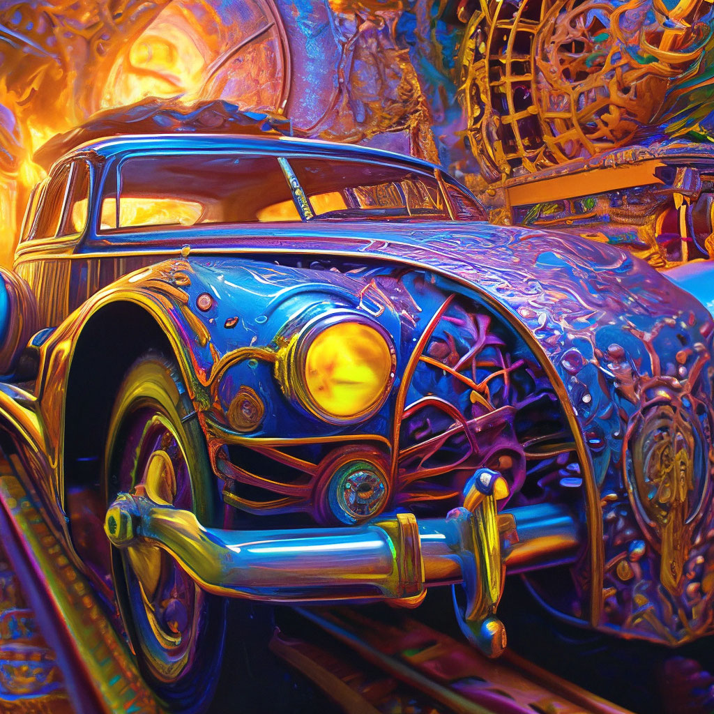 "Demonic car bright colorful surrealism, steampunk, weaving, lots of ...