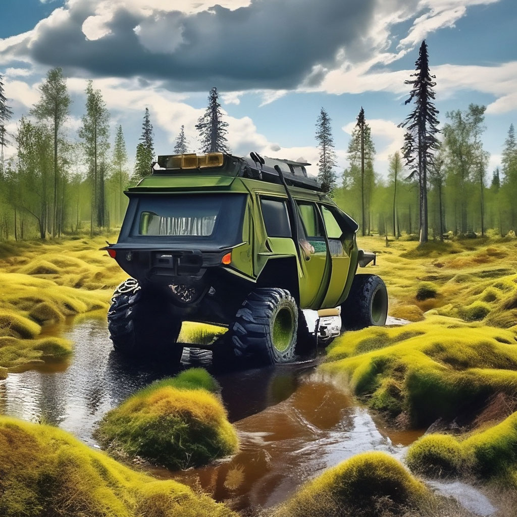 "On an all-terrain vehicle with big wheels through a moss swamp in the ...