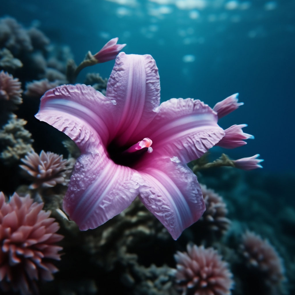 "Photo clarity, pink bell flower grows among blue dark corals on the ...