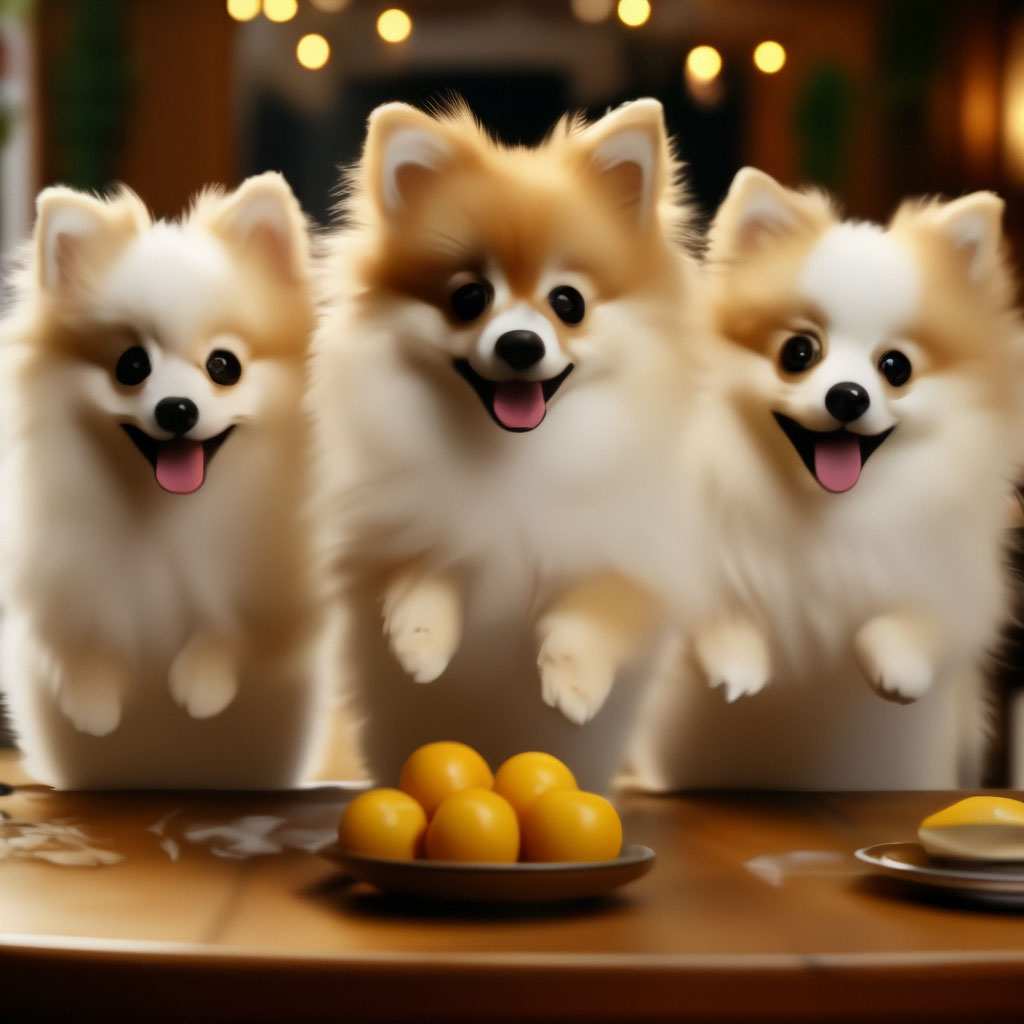 "Three fluffy white pomeranians dancing on the table,aesthetically ...