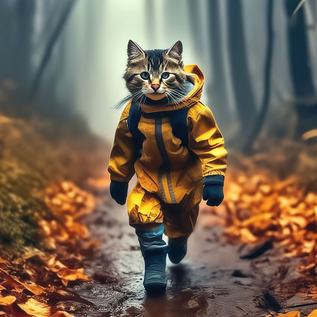 "Cute cat in a tracksuit runs through the autumn forest" — image ...