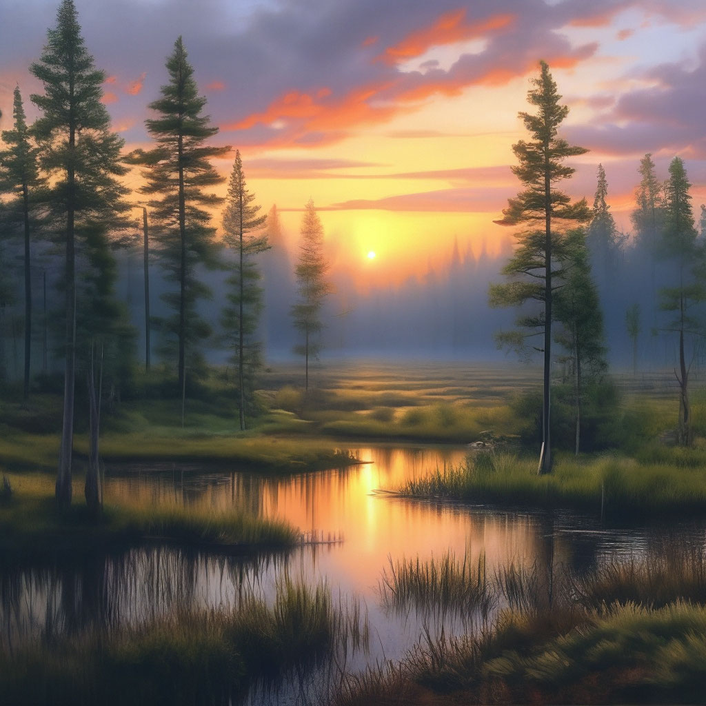 "Spruce forest, swamp, gloomy, sunset, beautiful, realistic, high ...