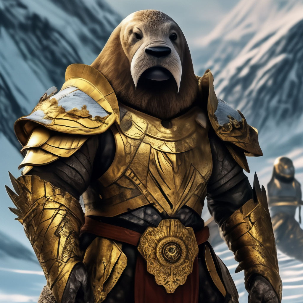 "Anthropomorphic walrus, full-length, feather detailing, armor, gold ...
