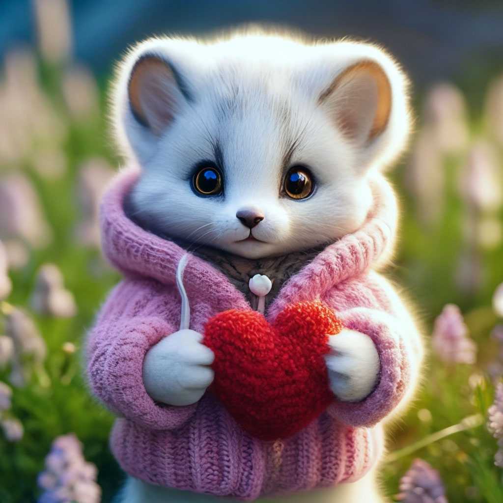"Realistic cute fluffy ermine in a knitted hoodie, holding a heart on a ...
