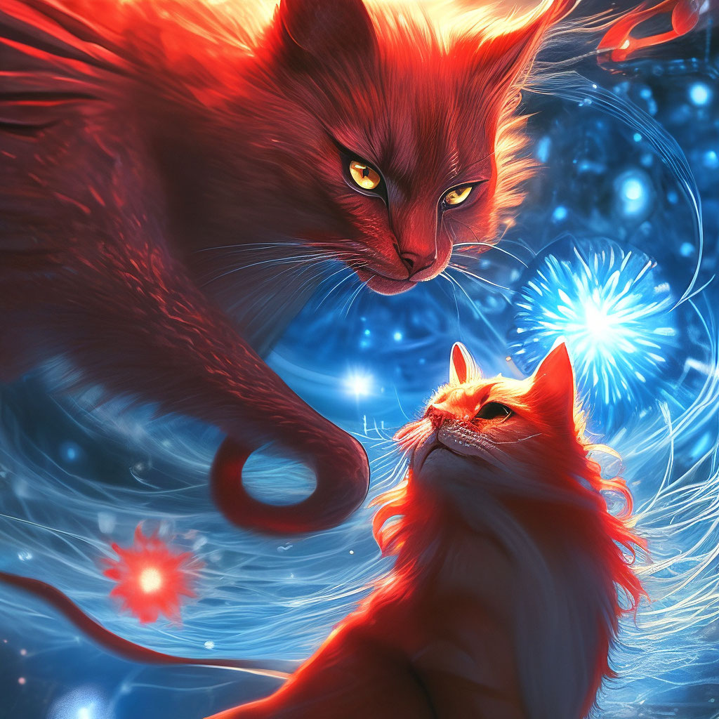 "Giant dandelion glowing with moths, red cat + dragon spreads its wings ...