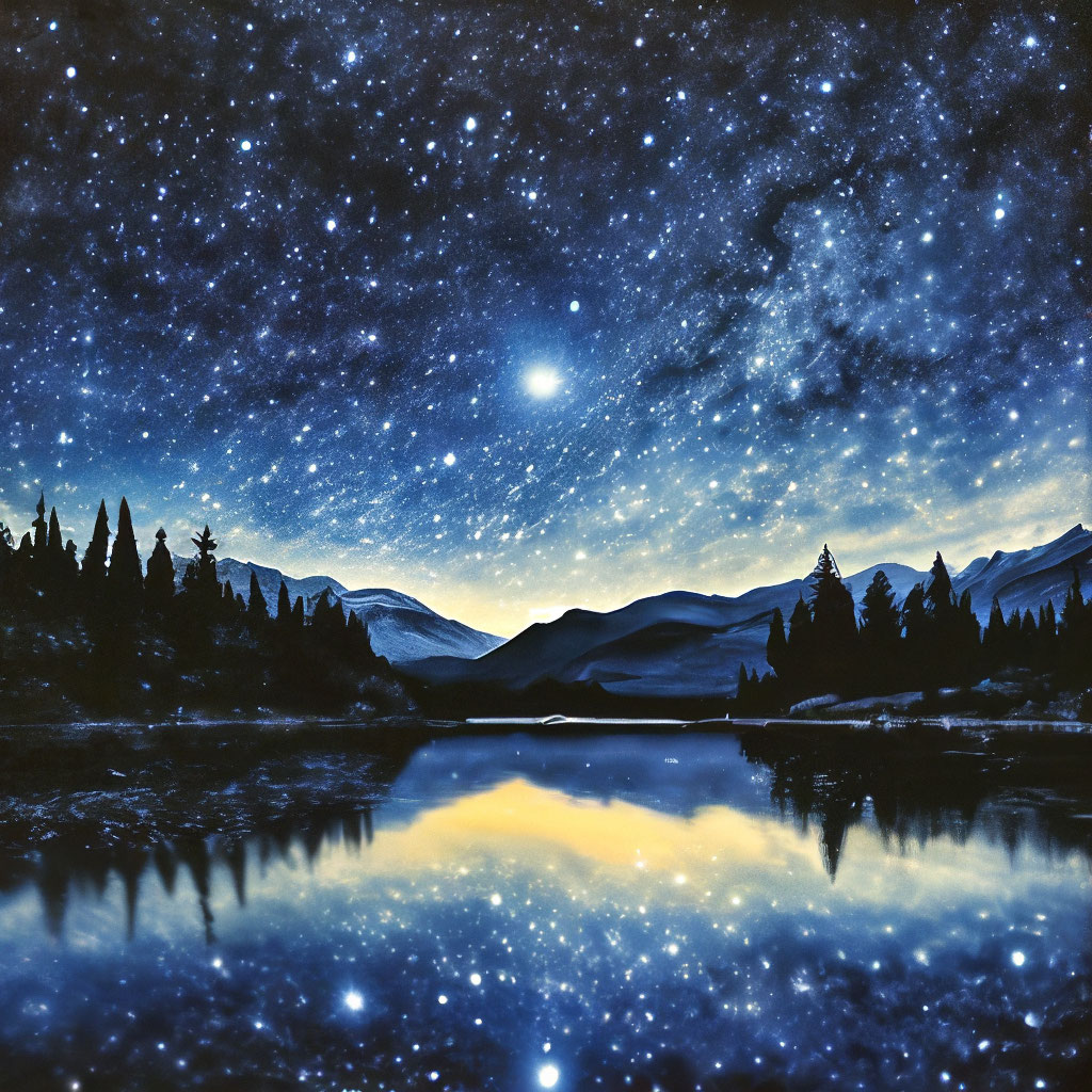 "Inky night sky, one star shining with solitary brilliance, high ...