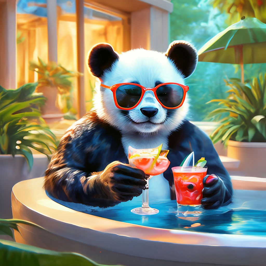 "Panda with glasses is sitting in the jacuzzi and drinking a cocktail ...
