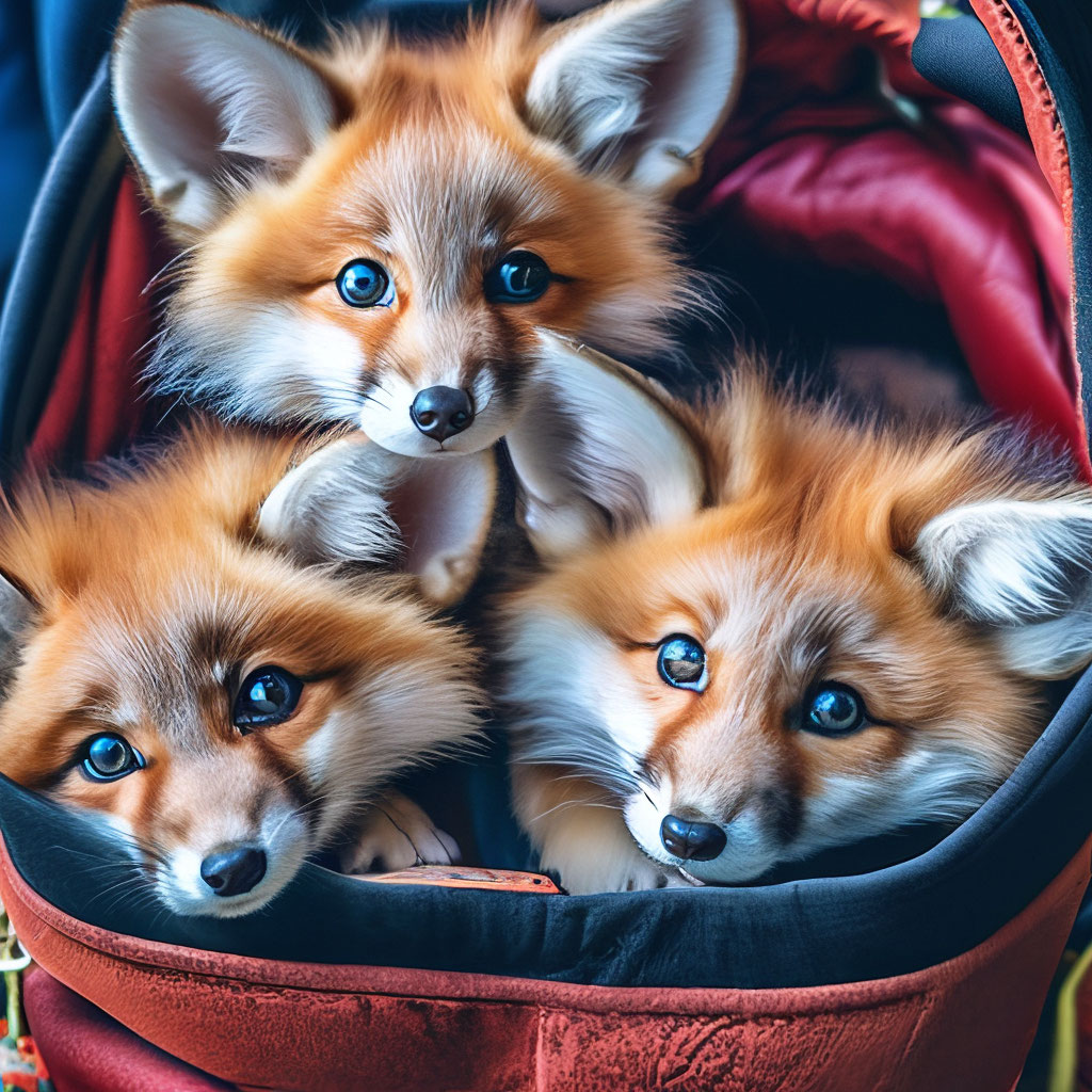 "Realistic, 3 small multicolored fluffy fox fennec: white, red, black ...