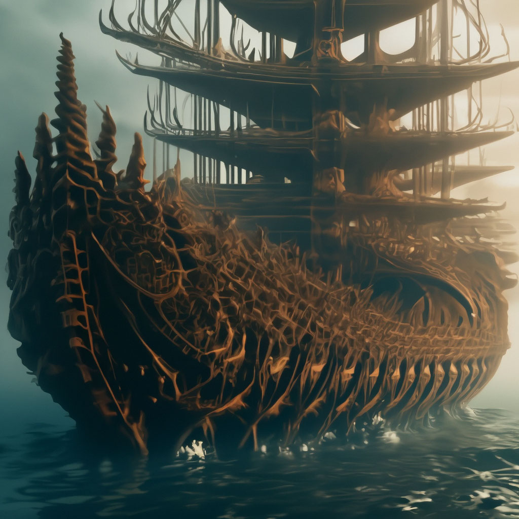 "Giant bone ship with patterns floating in the ocean, fog ...