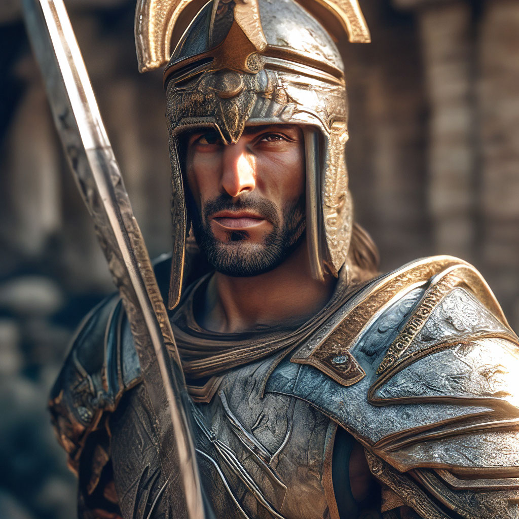 "Ancient warrior of Israel, in leather armor with spear and sword ...