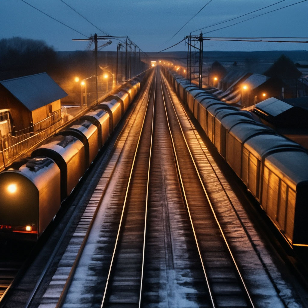 "Railway station in the village, at night, freight trains and passenger ...