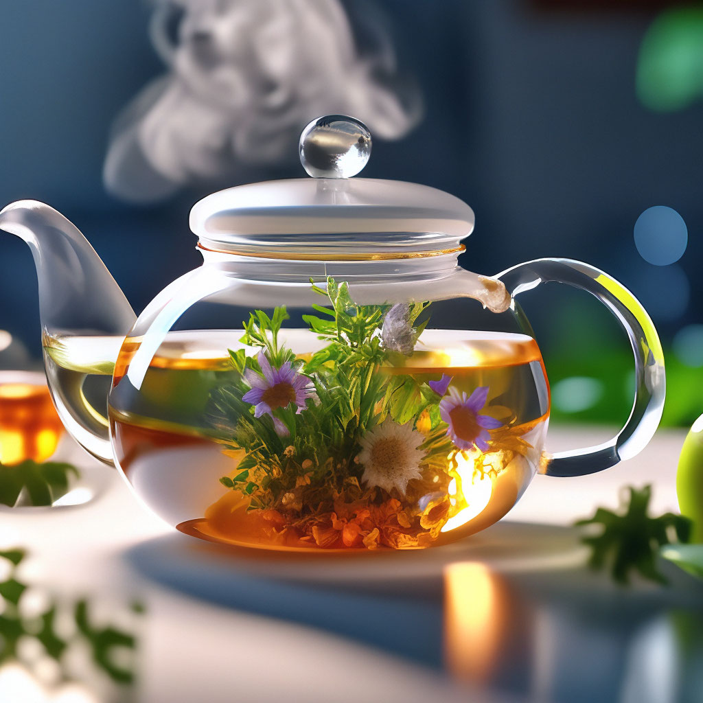 "Realistic glass teapot transparent+ water+ tea flower+sea buckthorn ...