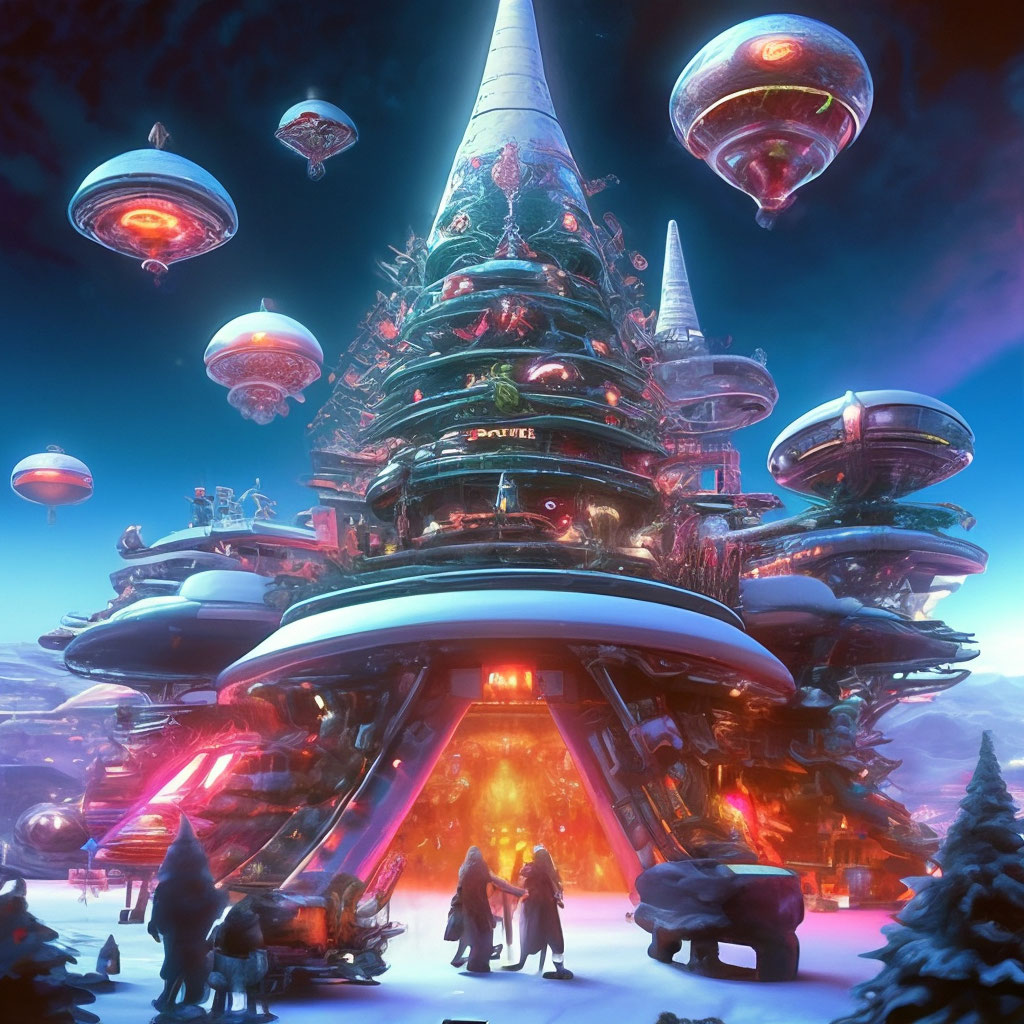 "An unknown planet and New Year's alien Christmas trees decorated with ...