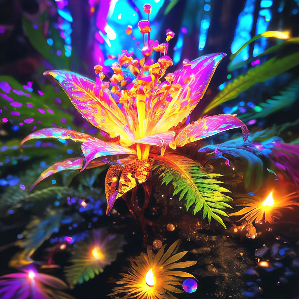 "Incredible magical flower+circe+guara fern in the jungle, palm leaves ...