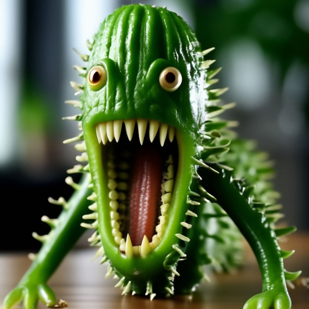 "Scary, dimensional, lively, anthropomorphic, cucumber with huge teeth ...