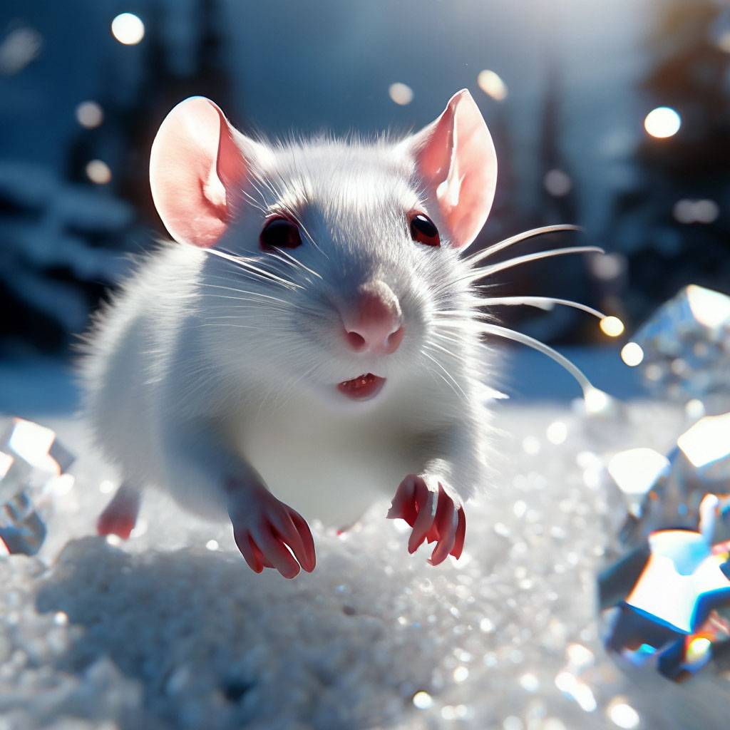 "A white rat with red eyes runs among white crystal and white gems ...