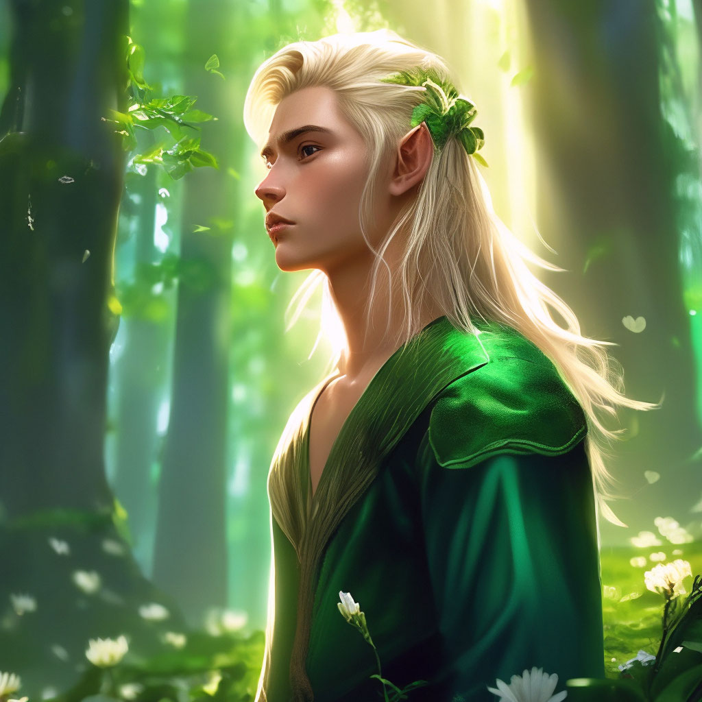 "A young elf guy, emerald eyes, blond, profile, loose long hair ...