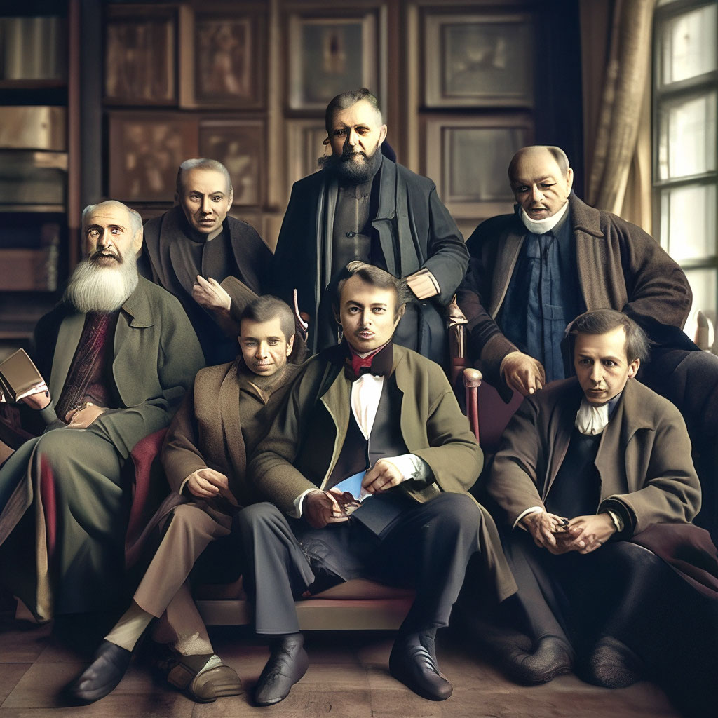 "Create a photo of these writers: Alexander Pushkin, Mikhail Lermontov, Leo Tolstoy, Anton ...