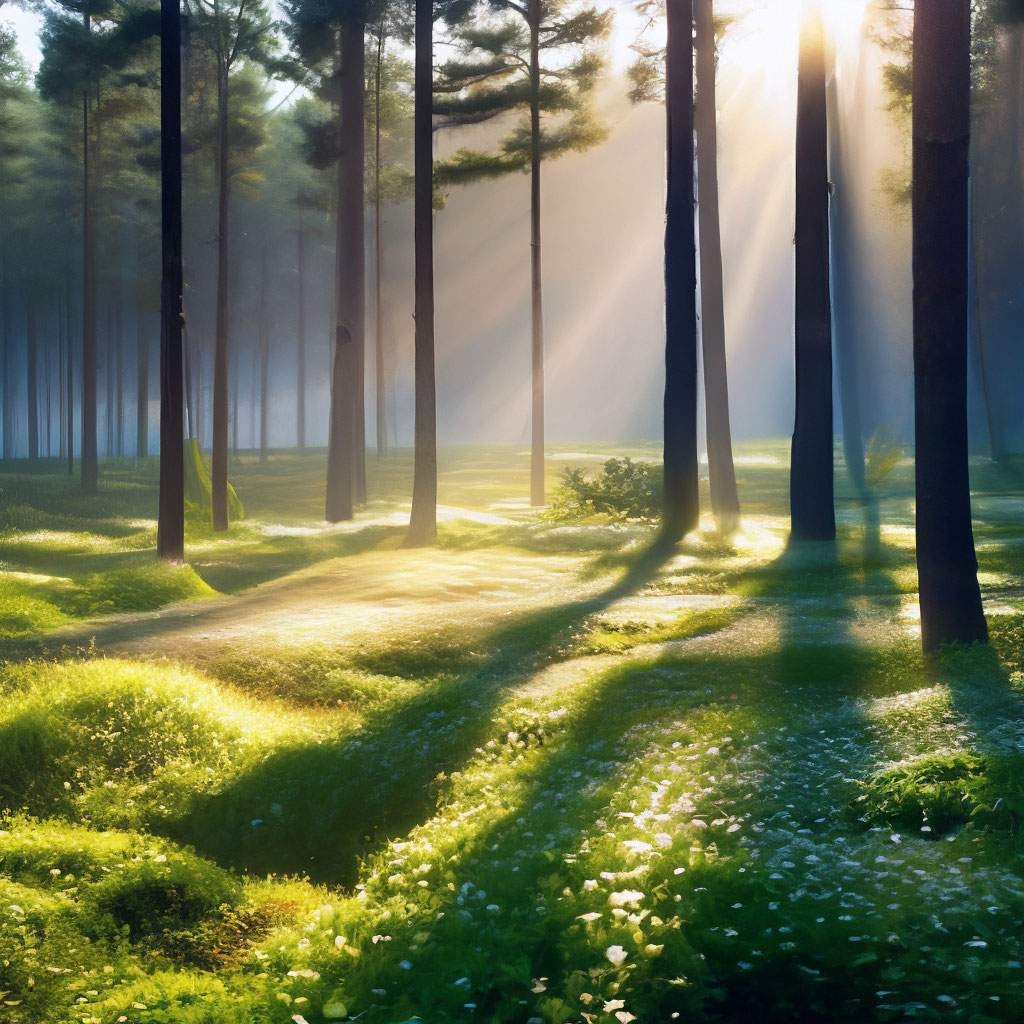 "Morning, diffused light, pine forest, dew on the grass, rays of light ...