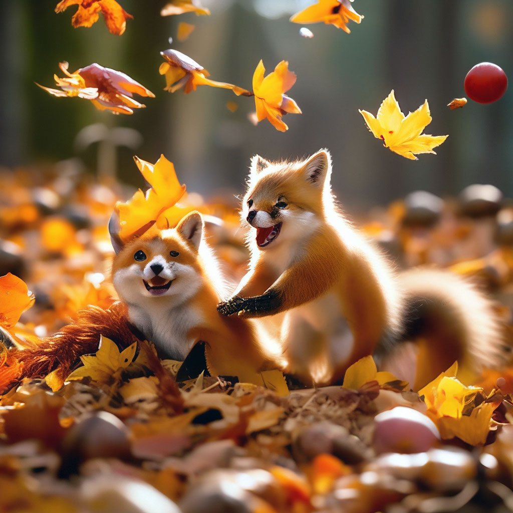 "Cute little foxes and squirrels are tumbling in a pile of fallen ...