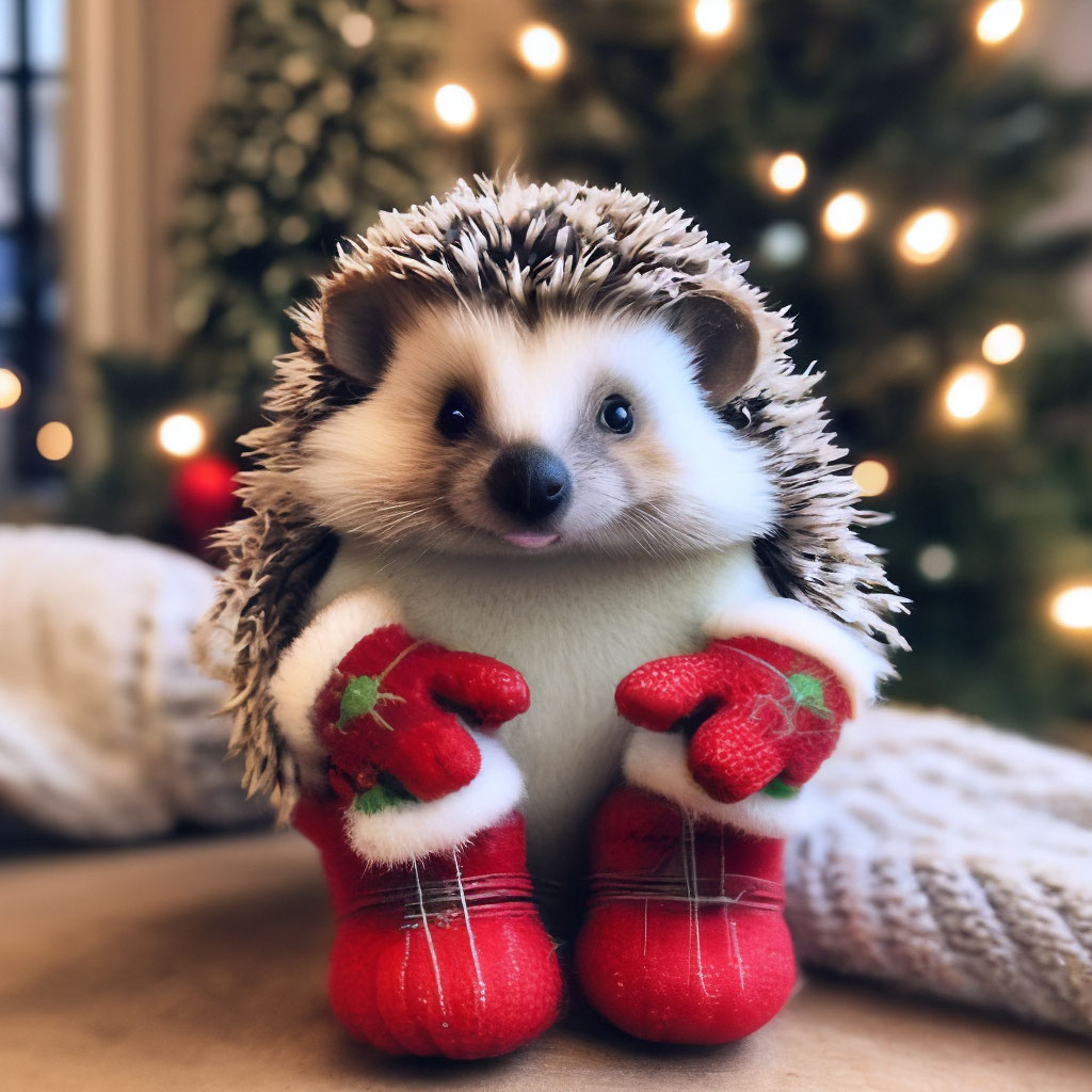 "A small hedgehog in mittens and felt boots next to the Christmas tree ...