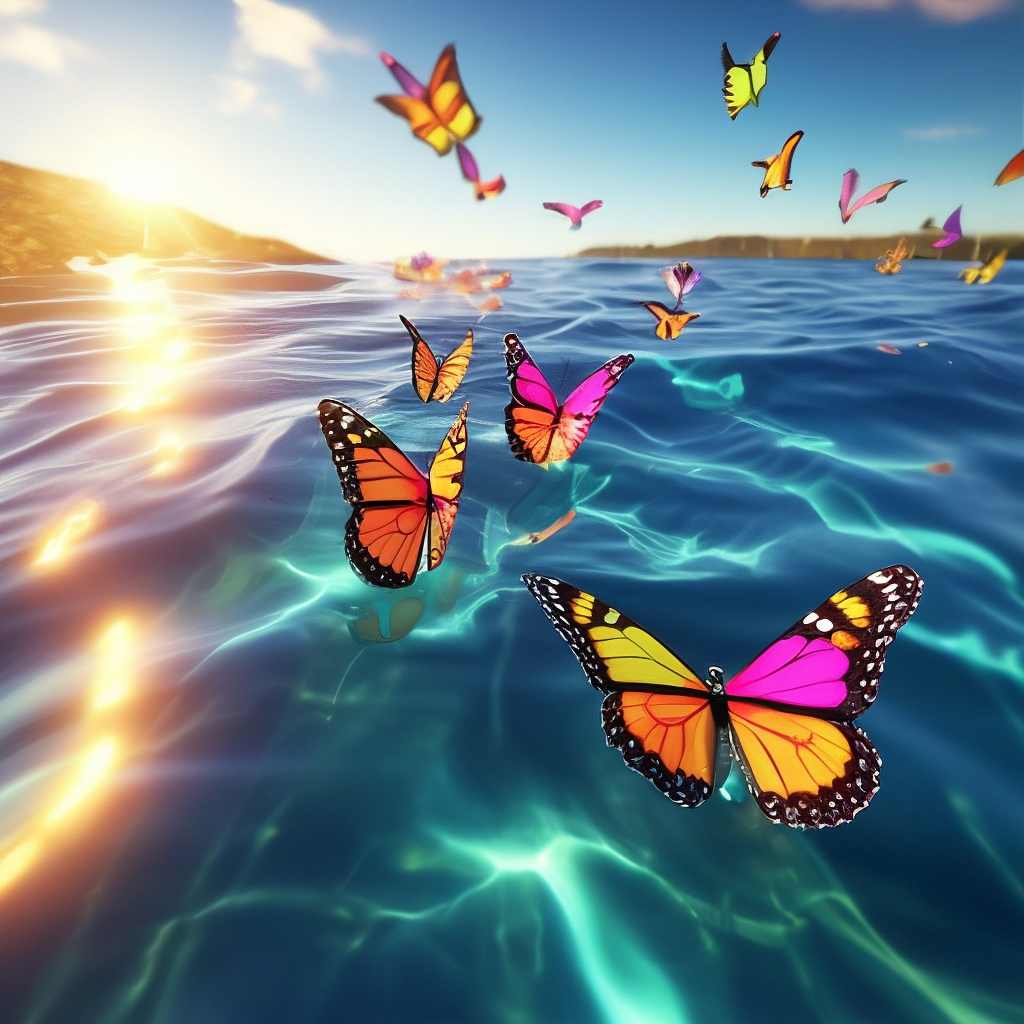 "Huge colorful butterflies over the ocean. The ocean is transparent ...
