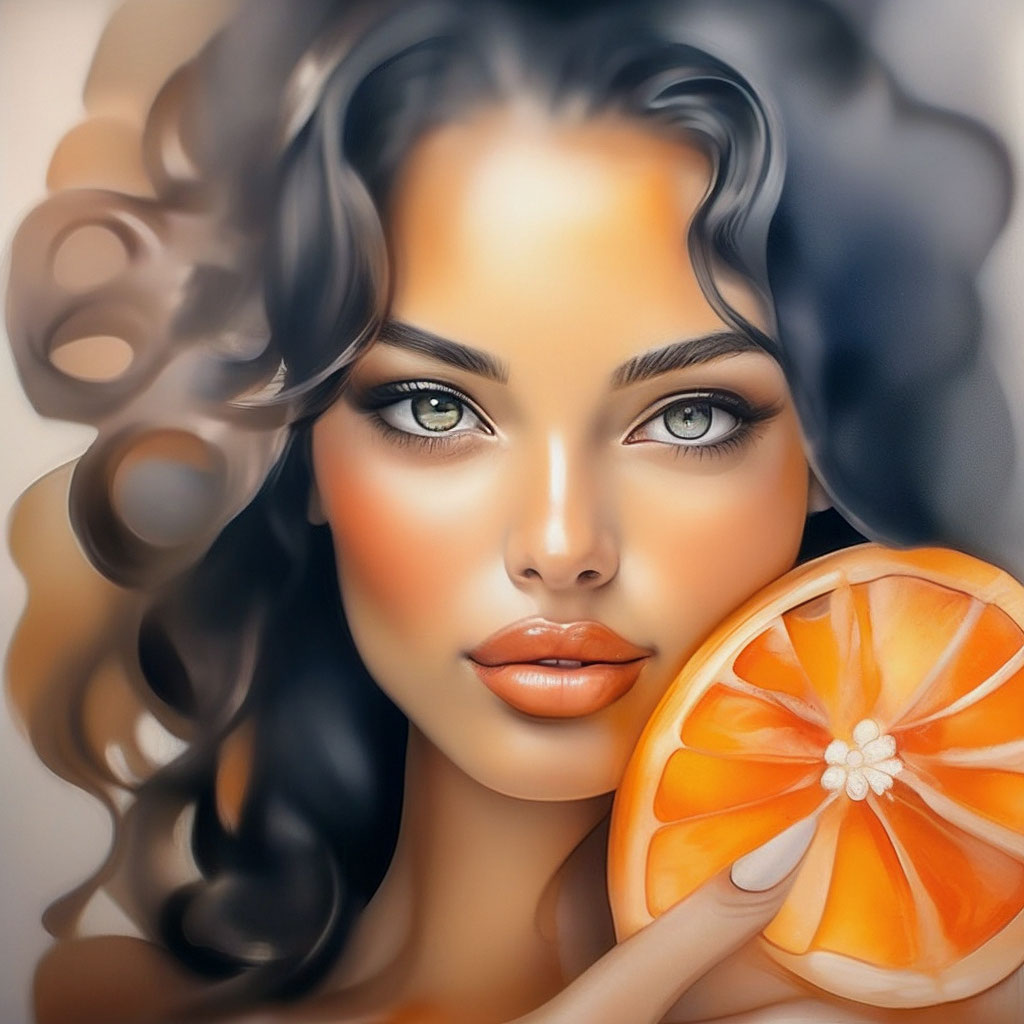 "@ lira art watercolor painting of a beautiful woman on an orange kiss ...