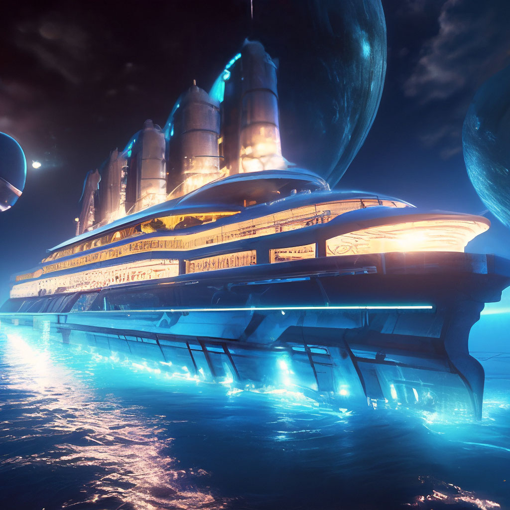 "Futuristic flying ship Titanic from the future, takes off from the ...