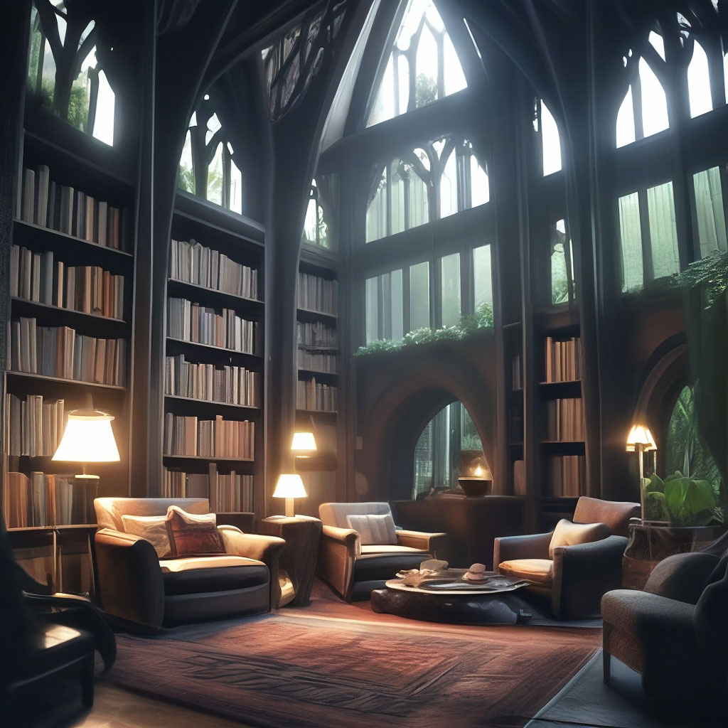 "Cozy library maximum comfort upholstered chairs rugs and lots of books ...