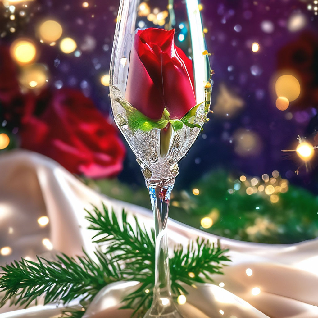"A crystal glass on a high stem, inside the glass is a terry scarlet ...
