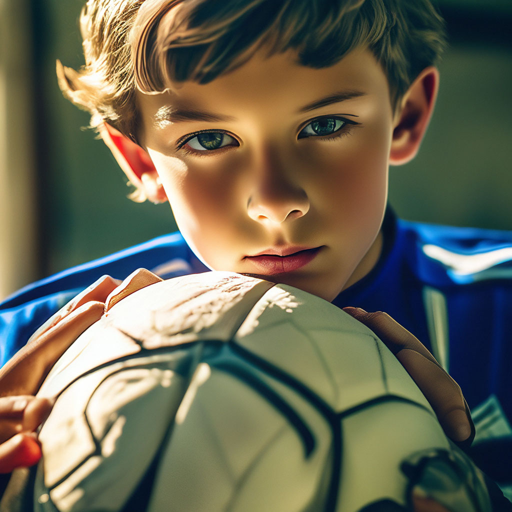 "Boy, 12 years old, in football uniform with a ball in his hands ...