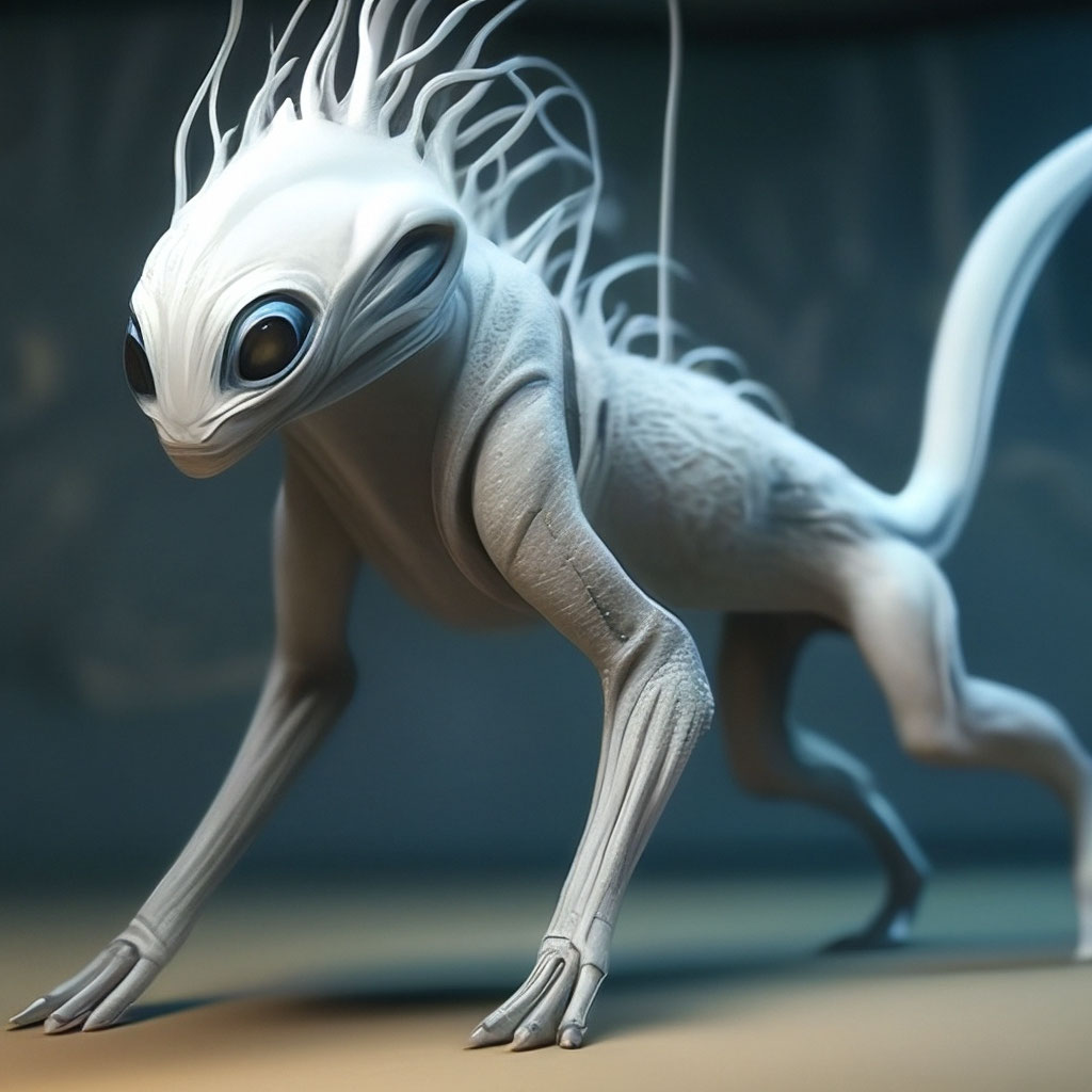 "Furry alien creature, elongated shape, on small thin legs,short front ...