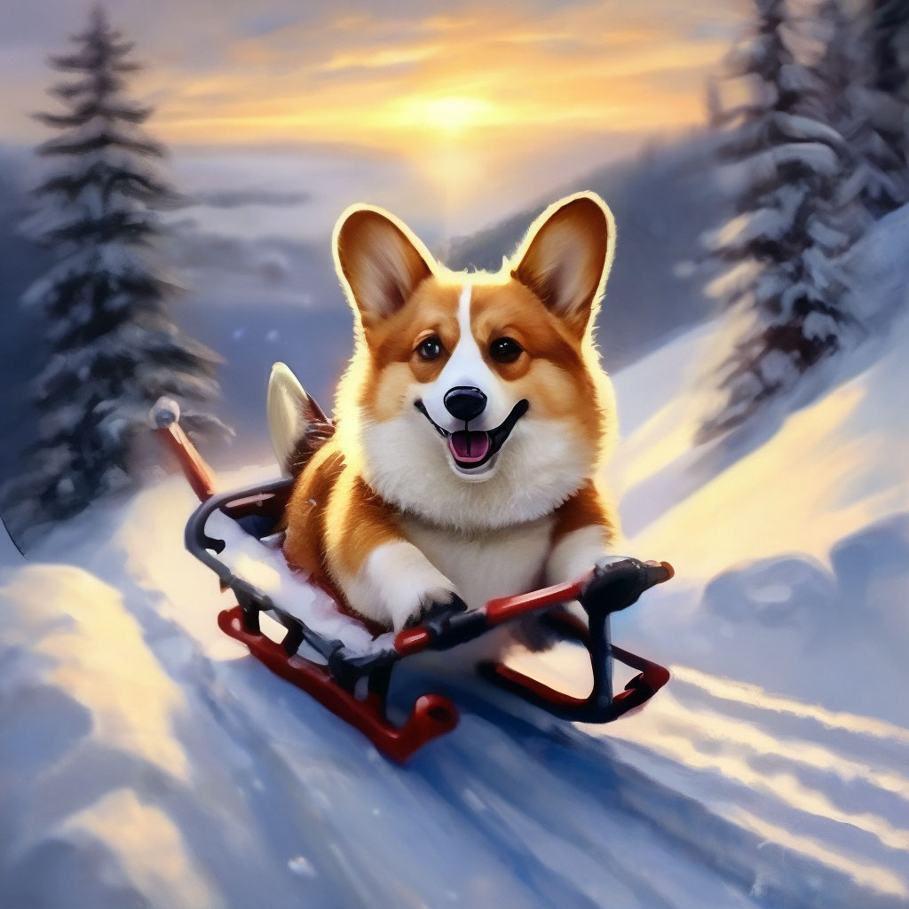 "Corgi rides downhill on a sled, beautiful, realistic, winter, snow ...