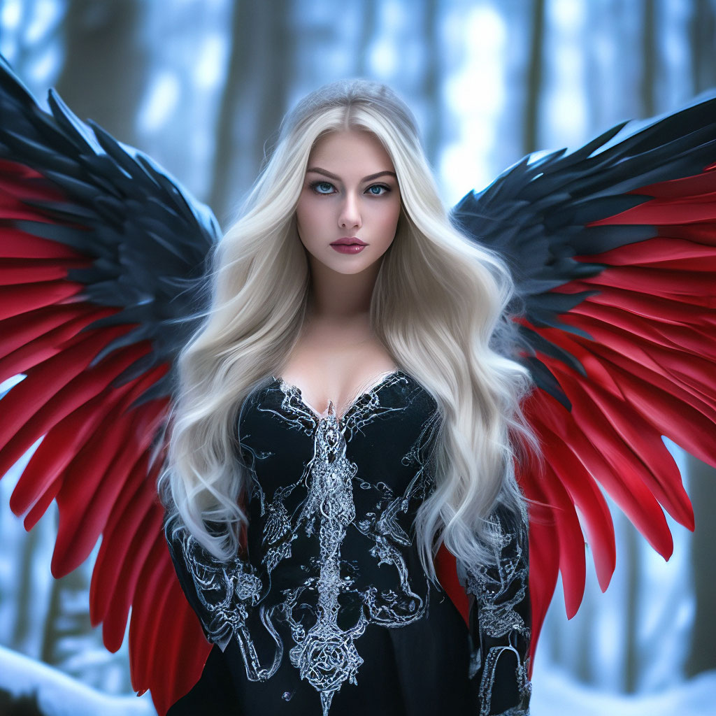 "Beautiful girl metamorphosis angel with big wings,in black and red ...