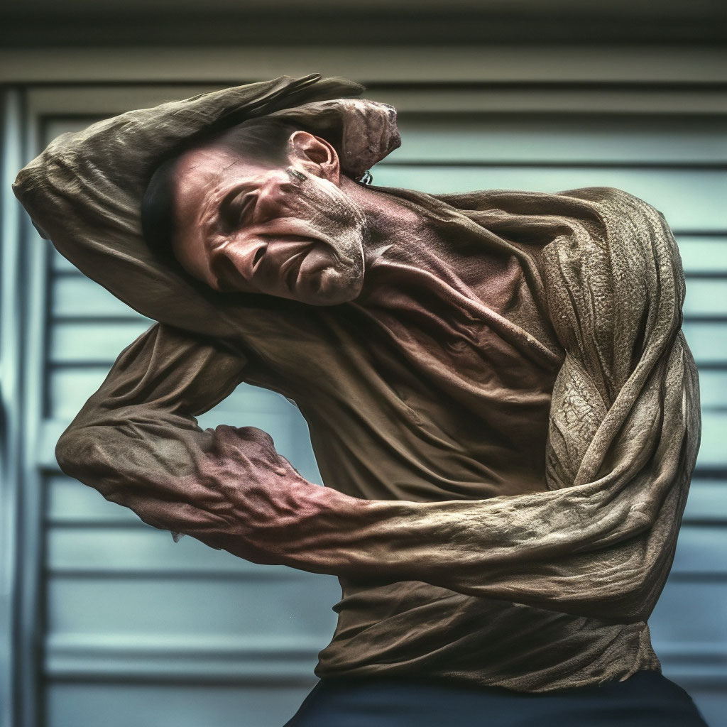 "A man with a twisted body, realism, photo, 16K" — image created in ...