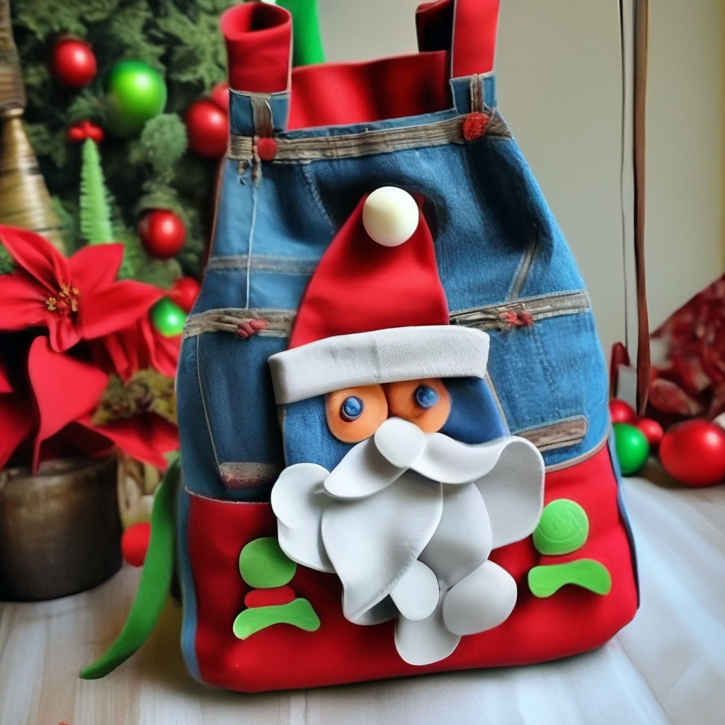 "Crafts from old jeans, Santa Claus bag" — image created in Shedevrum
