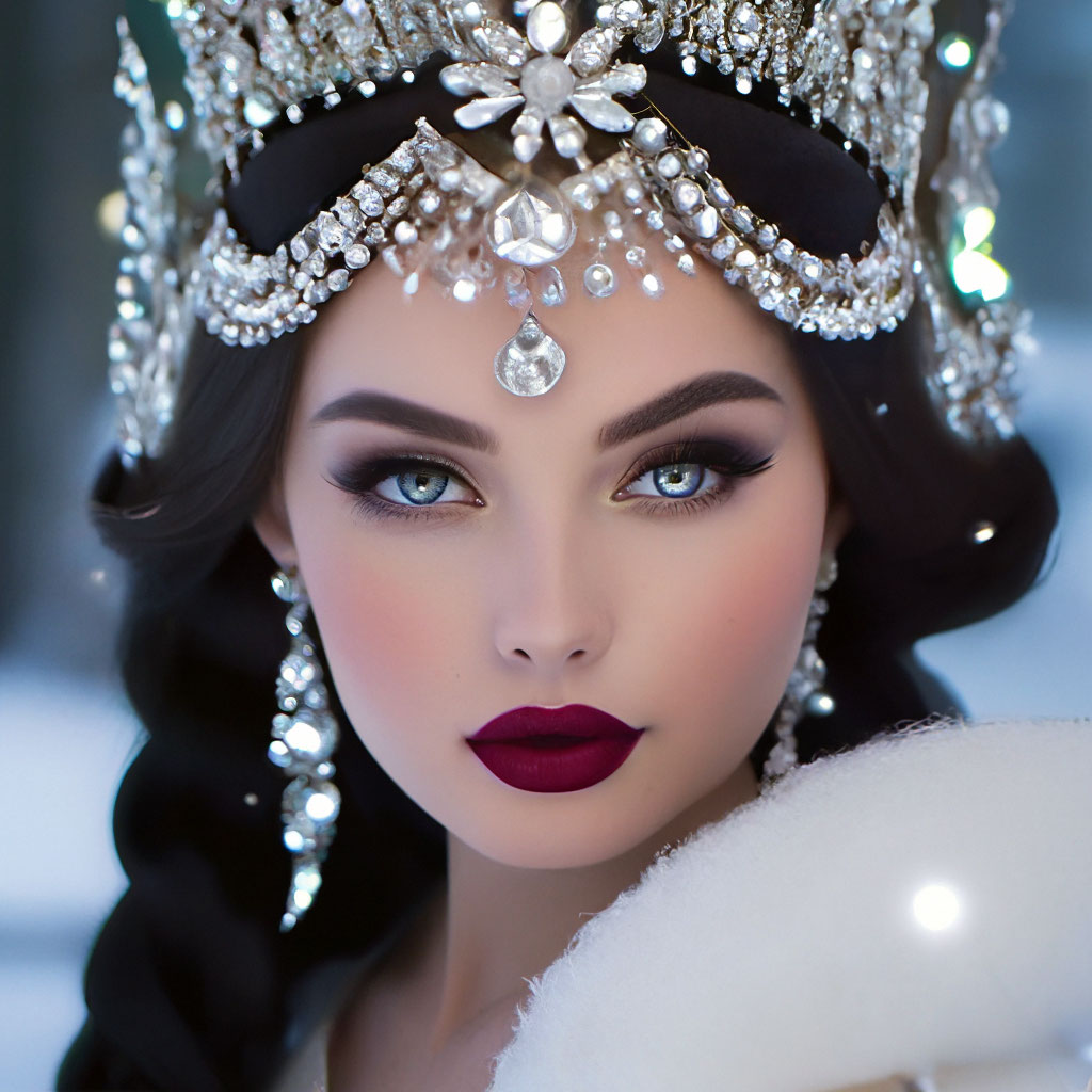 "The snow maiden with a braid of hair in a crown with sparkling ...