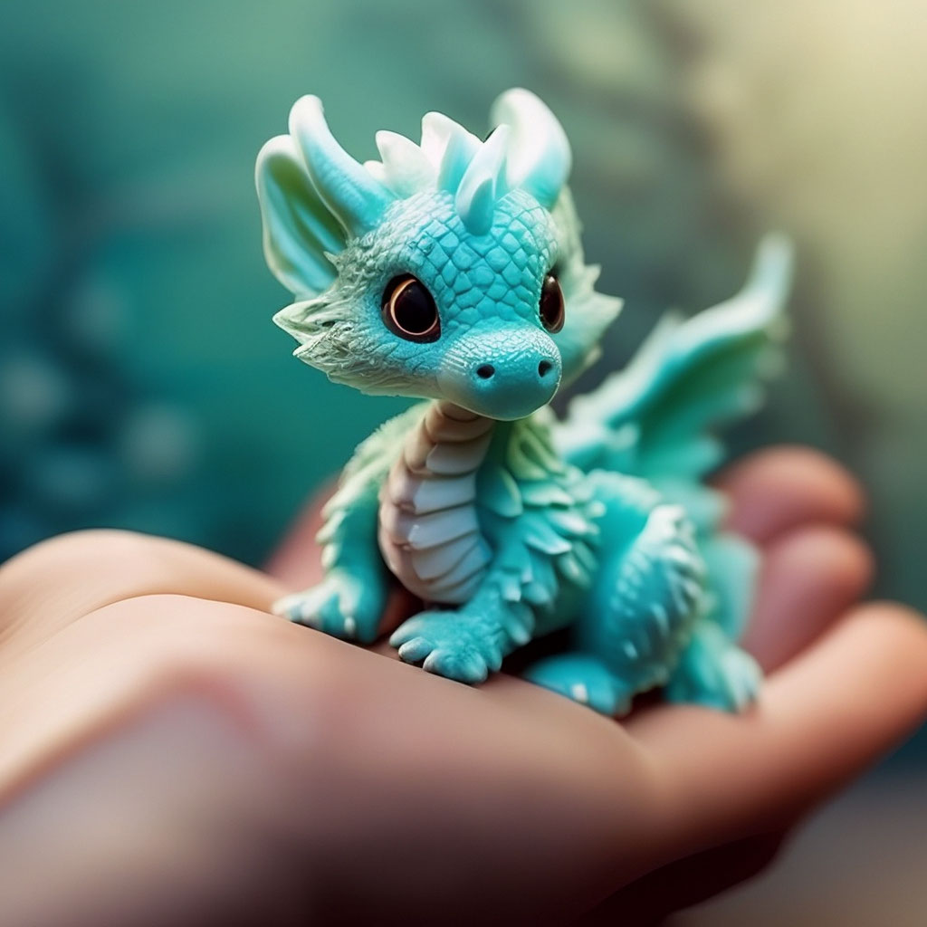 "Tiny turquoise fluffy cute dragon in the palm of your hand ...