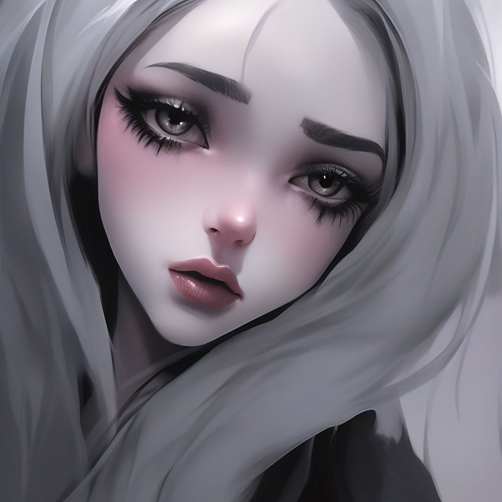 "Sad girl with gray hair, face drawn in detail, gray eyes, dark pink ...