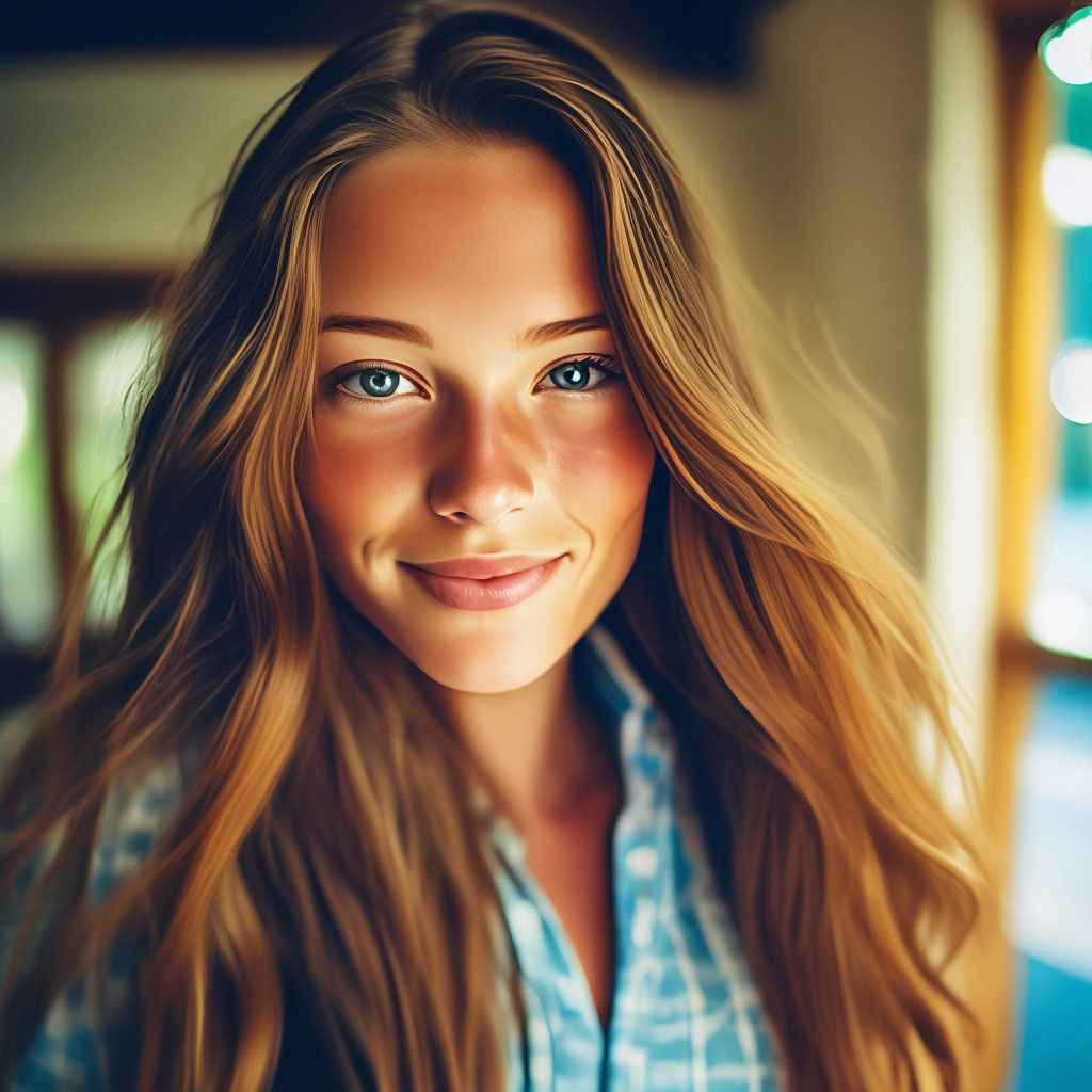 "Beautiful young woman freckled face with long hair, slight grin, full ...