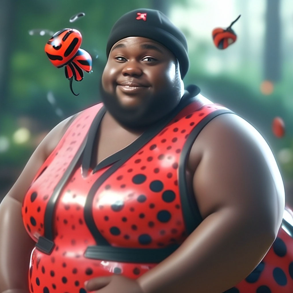 "Fat black man animator, in ladybug costume, 4k, realistic, high ...