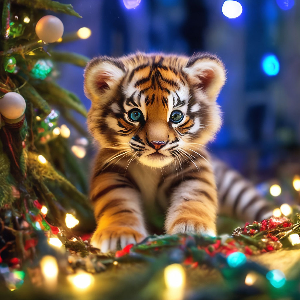 "New Year 's commotion 🎄 Realistic tiny fluffy tiger cub, entangled in ...
