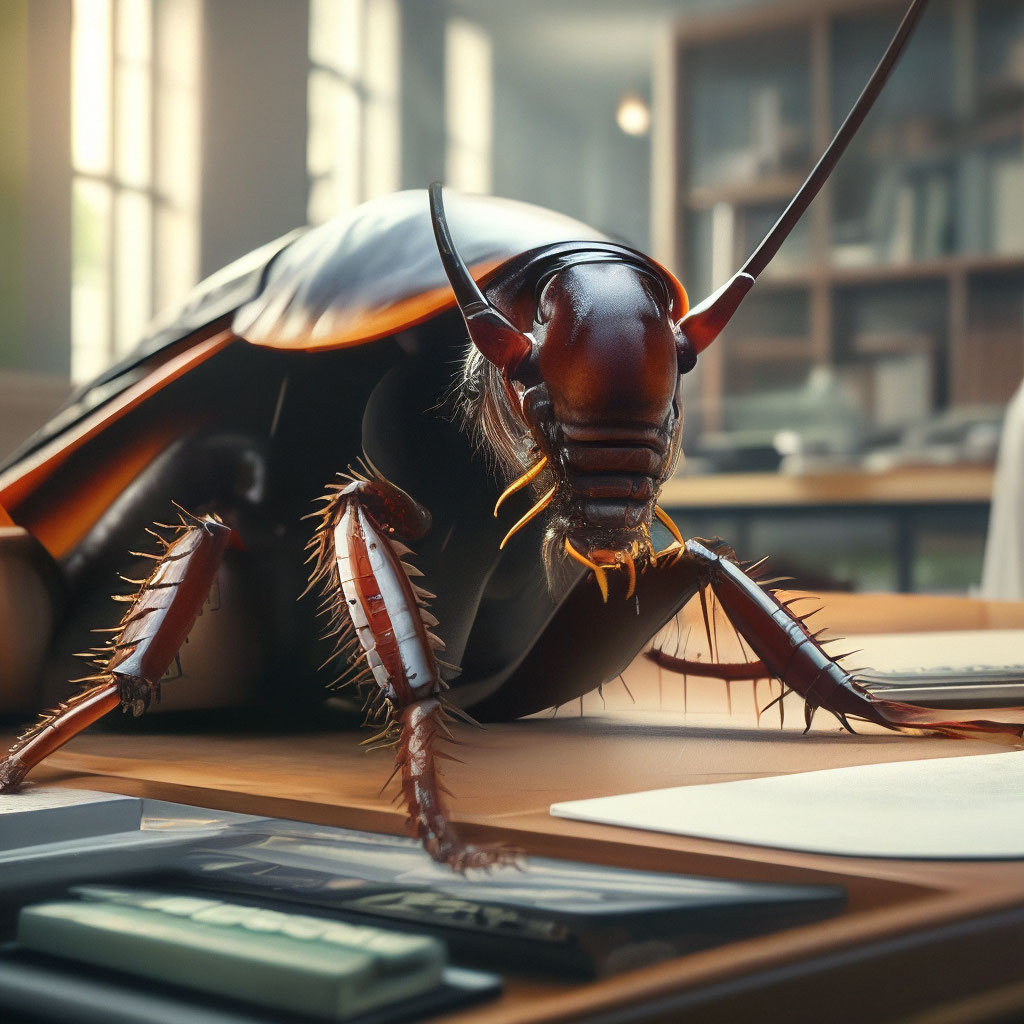 "A big cockroach is sitting in the office with a sad depressive look ...