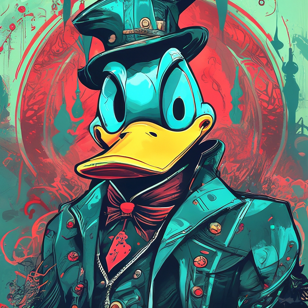 "Gloomy donald duck, noir style, lots of details, gloomy tones, dark ...