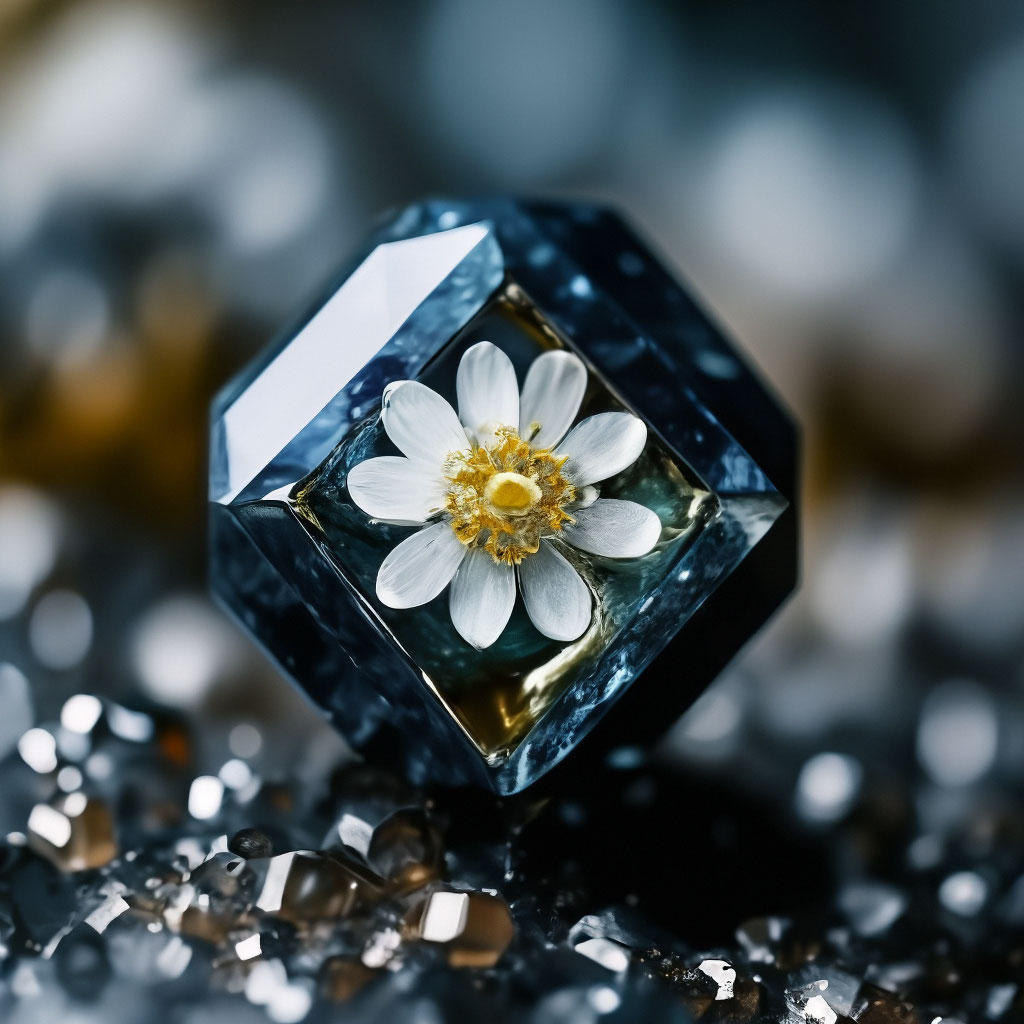 "Hexagon gemstone, macro shooting, lots of details, a small white ...